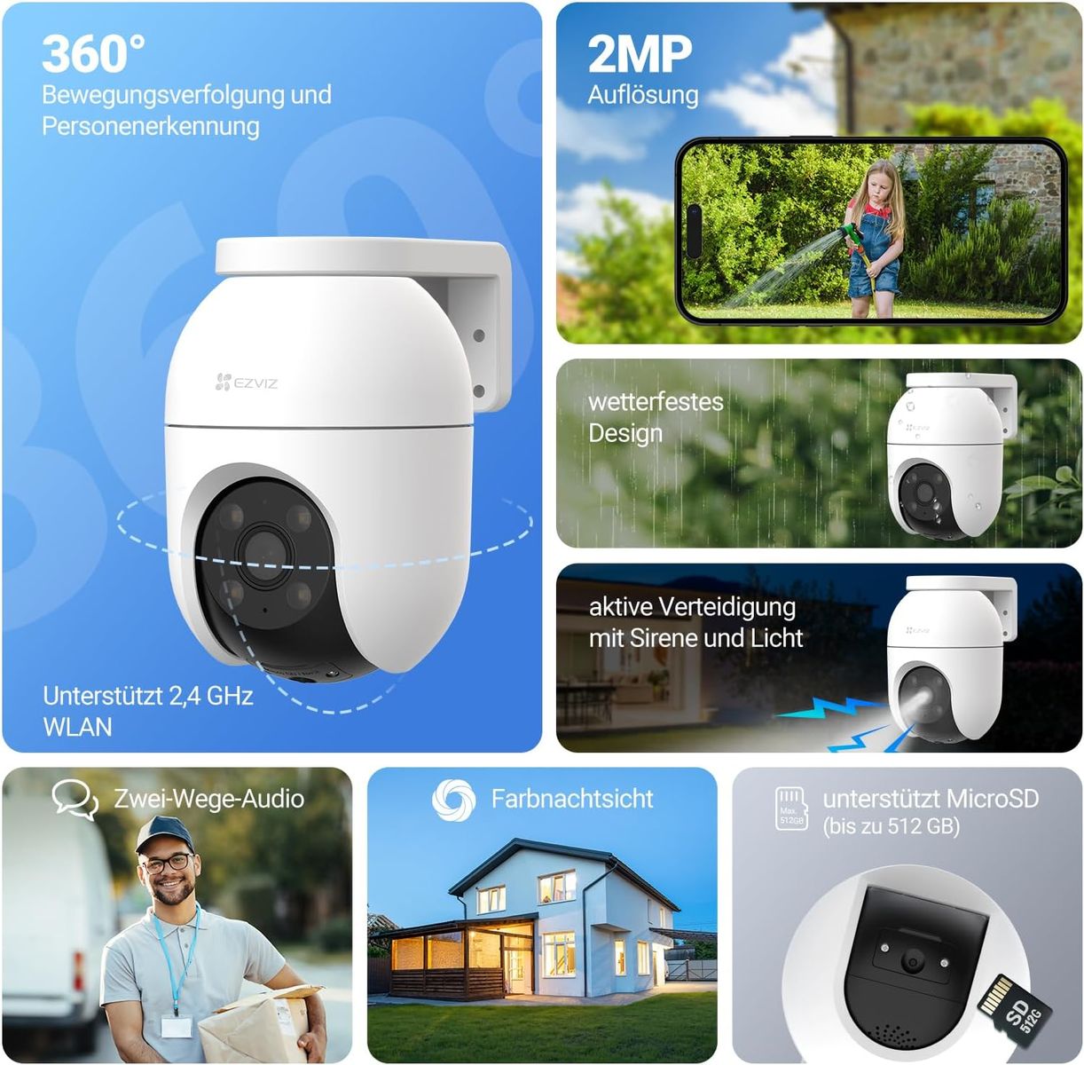 EZVIZ C8c 1080P Außen PTZ WLAN Überwachungskamera, 360° Pan/Tilt ...