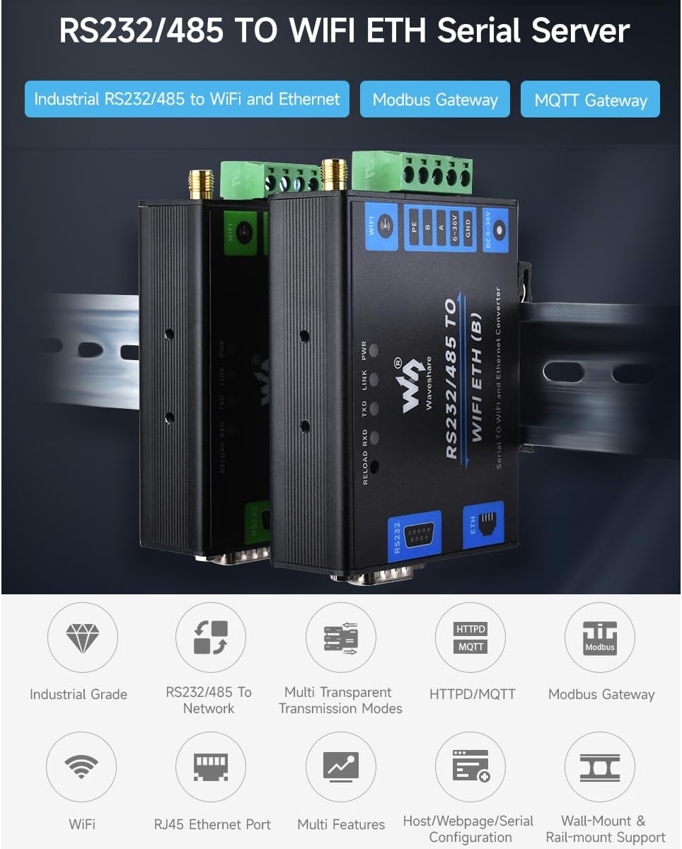 Waveshare RS232/485 Serieller Konverter zu WiFi & RJ45 Ethernet, RS232/RS485 serieller Server ...